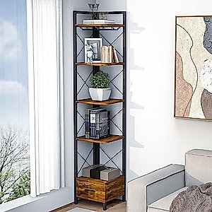 LAZEYARD 70.8 Inch Corner Bookshelf, 5 Tier Tall Narrow Bookshelf with Drawer and Glass Holder, Skinny Corner Bookcase, Freestanding Display and Storage Corner Shelf, Industrial Rustic Brown and Black
