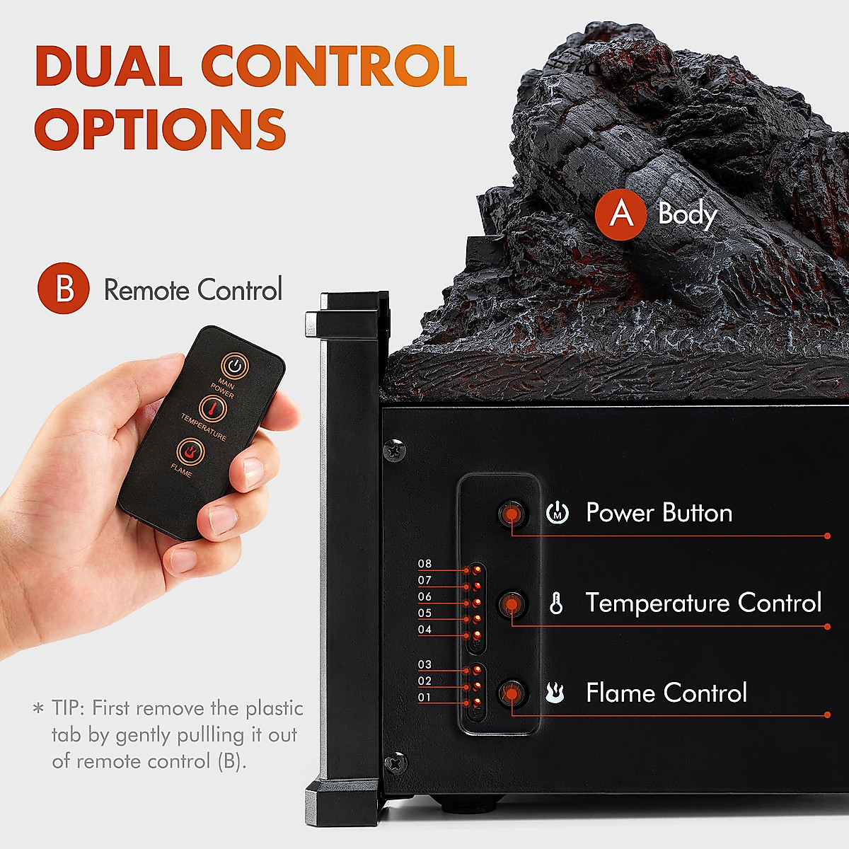 23 inch Electric Fireplace Heater Portable for Indoor, Living Room, Large Room, Logs with Lights, 3D Flame Effects, Adjustable Brightness, Timer, Remote Control,1400W