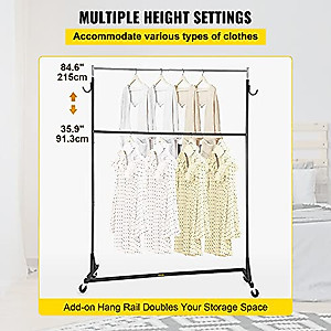 VEVOR Z Rack, 300 lbs Industrial Grade Z Base Garment Rack, 24" x 62" x 85" Height Adjustable Clothes Rack, Heavy Duty Clothing Rack w/ Lockable Casters for Home Store w/ Add-on Hang Rail Black