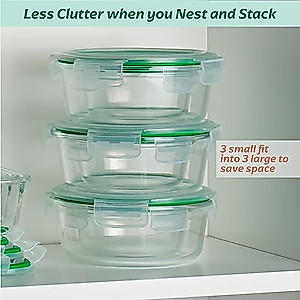 Fusion Gourmet 6 pc Round Glass Food Storage Containers with Lids - Leakproof Meal Prep Container Set (3 Large & 3 Small, Green)