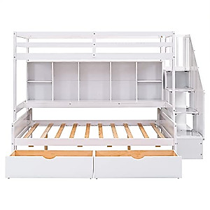 DEYOBED Twin Over Full Wooden Bunk Bed with Storage Shelves Drawers and Staircase for Kids Teens Adults