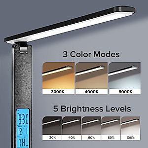 LAOPAO Desk Lamp, LED Desk Lamp with Wireless Charger, USB Charging Port, Adjustable Foldable ​Table Lamp with Clock, Alarm, Date, Temperature, 5-Level Dimmable ​Lighting​, Office Lamp with Adapter