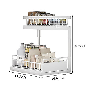 MEIJIA Double Sliding Cabinet Organizer Drawer, 2 Tier Pull Out Under Sink Organizers And Storage Bathroom And Kitchen, Metal L-Shaped Under Cabinet Organizer And Storage - White