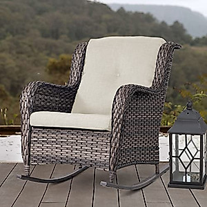 MeetLeisure Outdoor Wicker Patio Rocking Chair - All-Weather Lawn Rocking Wicker Furniture with Alloy Steel Frame & Premium Fabric Cushion, Beige