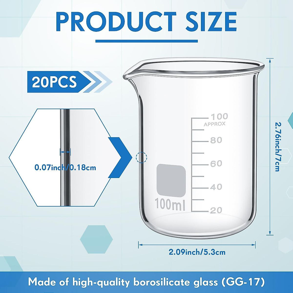 Tanlade 20 Pcs 100 ml Glass Beaker (GG-17), High Borosilicate Lab Beakers with Printed Graduation for Laboratory, School Projects, Science Themed Birthday Parties Daily Use