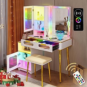 HNEBC Vanity Desk with RGB Lights,LED Makeup Vanity with Mirror and Drawers, RGB Makeup Desk with USB+Wireless Charging Station for Bedroom, Vanitys Table with Sensor Mode, Stool, White