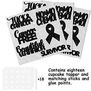 18pcs Black Glitter Dessert Cupcake Topper Cancer Chemo Free Survivor Warrior Theme Decor Supplies Breast Cancer Breast Care Awareness Birthday Party Decoration