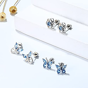 THUNARAZ Hypoallergenic Birthstone Stud Earrings for Women Butterfly Flower Heart CZ Screw Back Earrings Jewelry Gift for Birthday Christmas