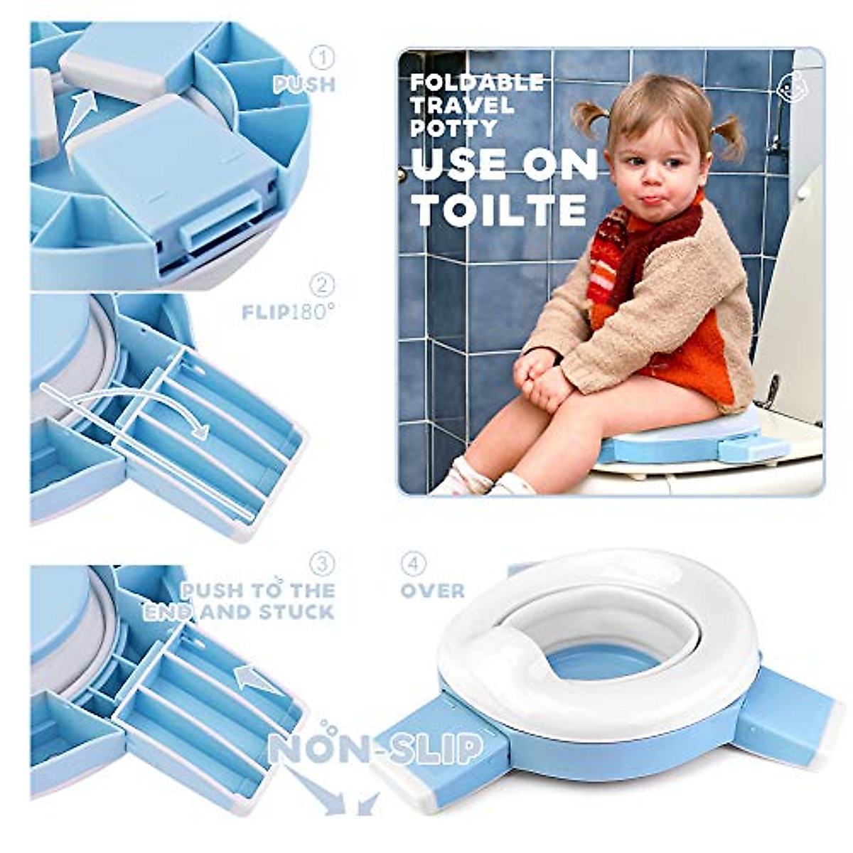 3-in-1 Go Portable Toddler Potty Seat for Travel, Folding Potty Training Toilet Chair with Travel Bag, Lightweight Potty Trainer for Travel Home Car Camping Use for Kids Baby