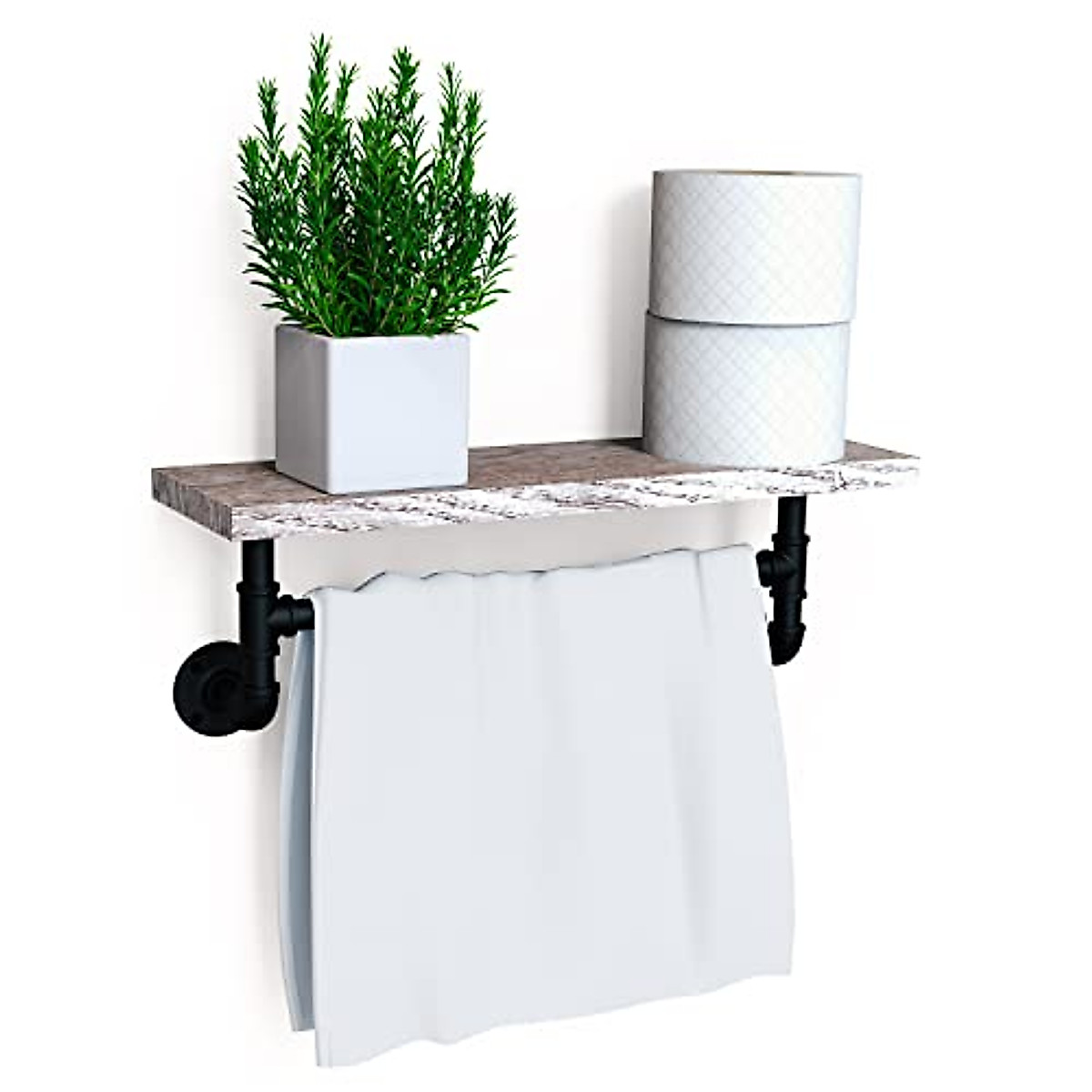 Industrial Bathroom Shelf w/ Pipe Towel Bar – Farmhouse Towel Rack Made of Paulownia Wood and Cast Iron, Pipe Rack in Black Matte – Wall Mount Hand Towel Holder for Rustic Décor w/ Single Wooden Shelf