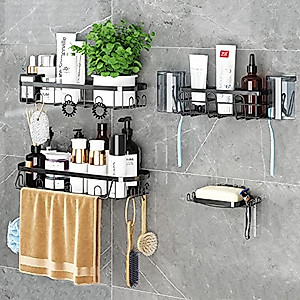 ANTOPY 2 Tier Fruit Basket with 2 Banana Hangers, Countertop Fruit Vegetable Basket Bowl for Kitchen Counter & Shower Caddy Shelf Rack with Soap Dish Toothbrush Holder Shower Organizer 4 Pack