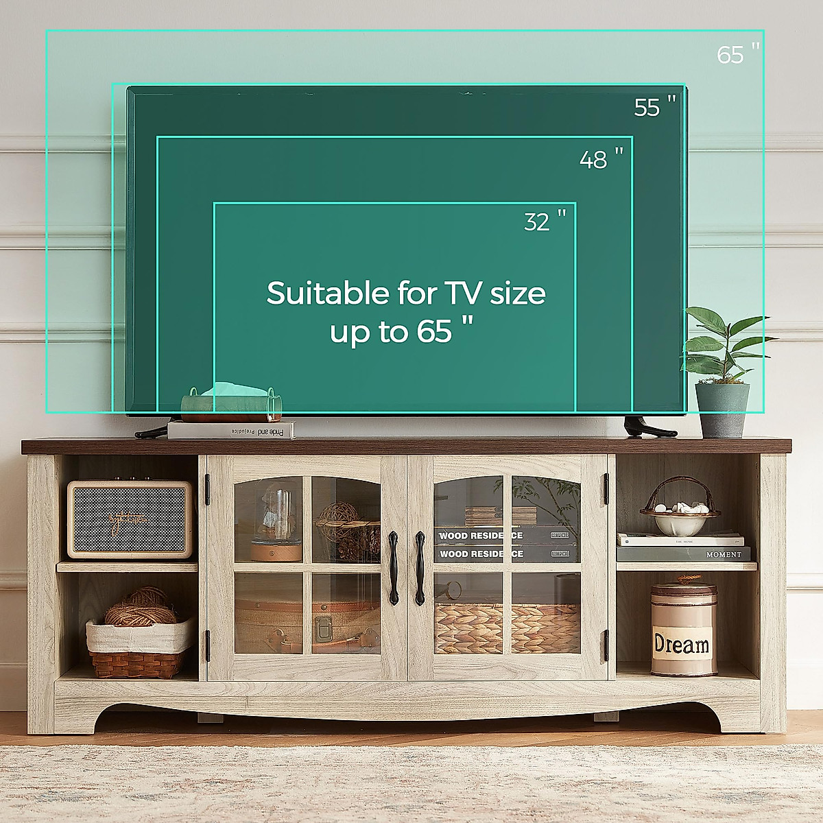 LINSY HOME Farmhouse TV Stand for 65 Inch TV, Wood Entertainment Center with Glass Door Storage Cabinet & Adjustable Shelves, Large Sturdy TV Console Table for Living Room Bedroom