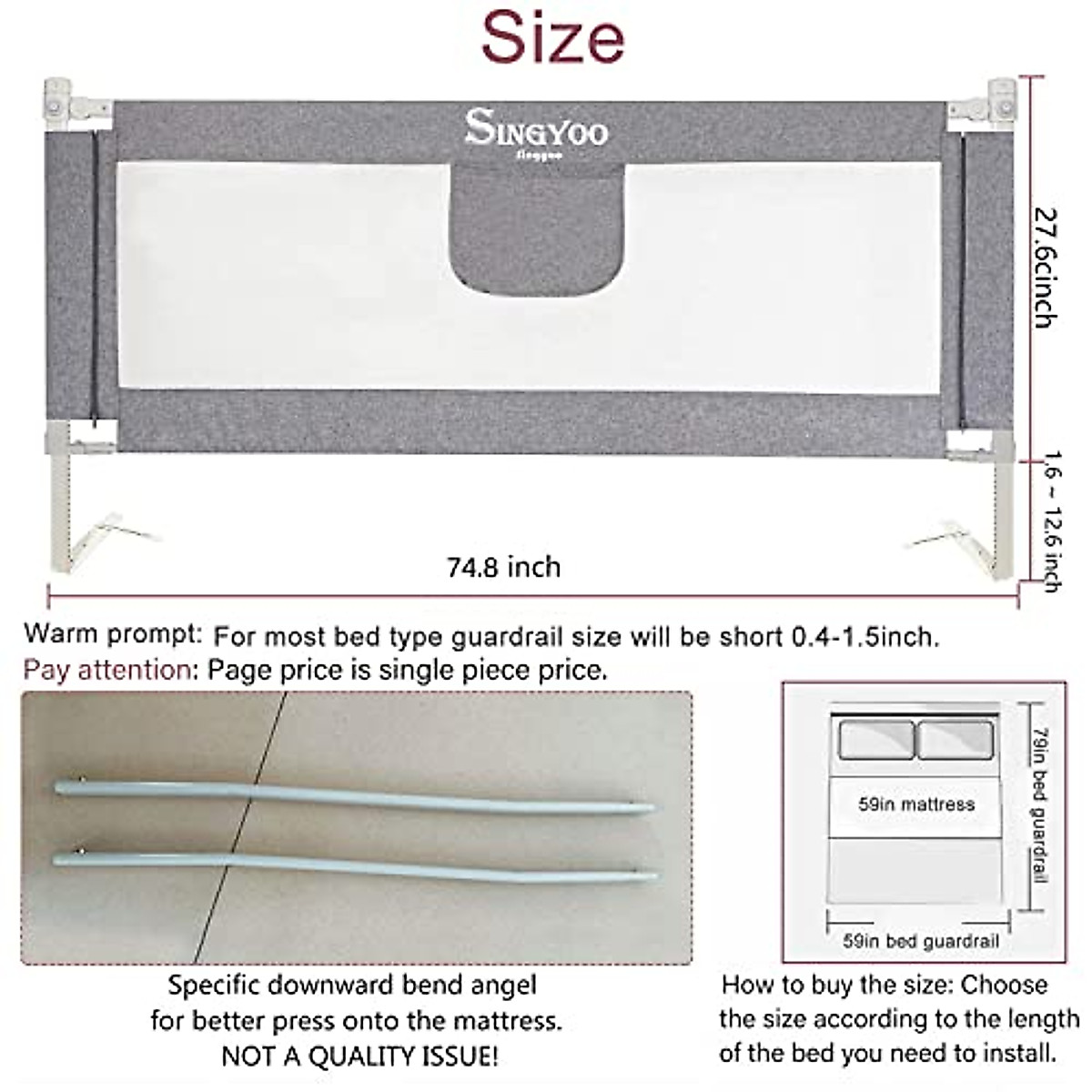 SINGYOO Bed Rails for Toddlers- New Upgraded Extra Long Bed Guardrail Full Size Baby Bedrail for Children Fit for Twin Queen & King Size Bed Mattress one Piece (Grey, 75"(L) x 30"(H))