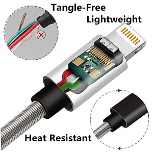 iPhone Cable,Sharllen Metal Spring iPhone Charger Cable Lightning Cable 3FT/6FT/10FT Long Charging&Syncing iPhone Charging Cord Data Wire Compatible iPhone 11/XS/Max/X/8/8Plus/7/7P/6/6 P/6S/iPad Black