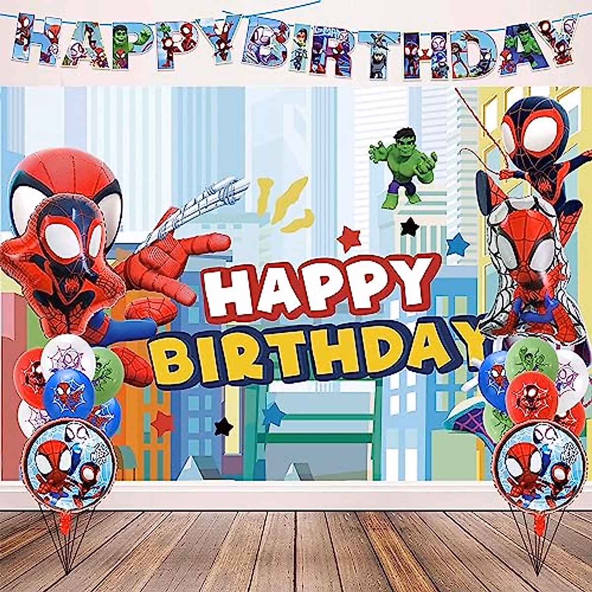 Spidey and Friends Birthday Decorations Include Banner, Backdrop, Balloons, Hanging Swirls, Cake Cupcake Toppers, Tablecloth for Spidey and His Amazing Friends Birthday Decorations