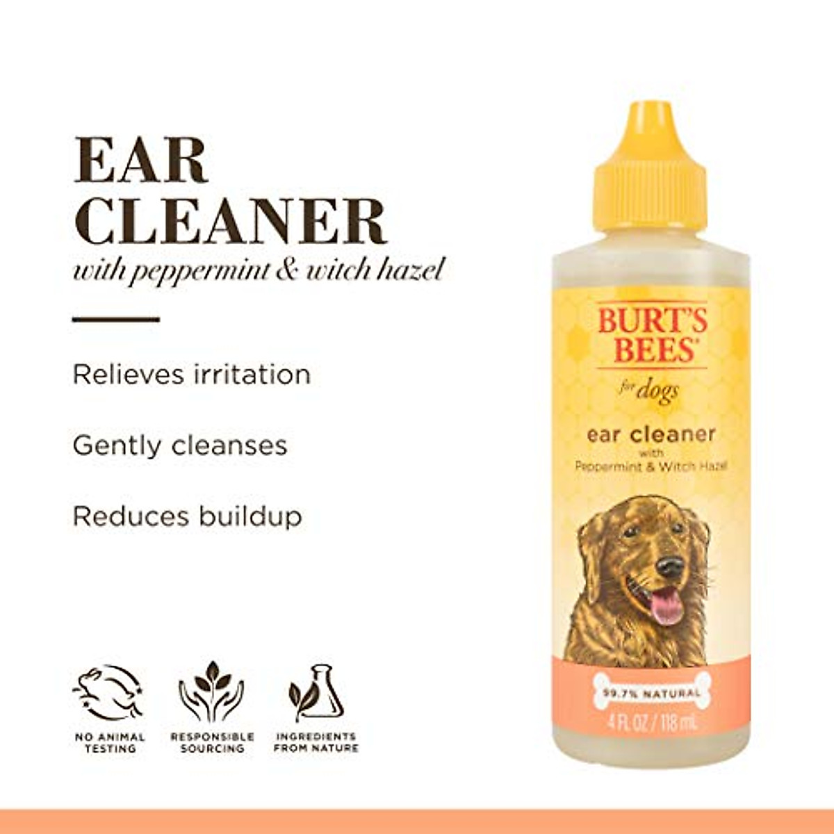 Burt's Bees for Pets Natural Ear Cleaner with Peppermint and Witch Hazel | Effective & Gentle Dog Ear Cleaning Solution for All Dogs And Puppies | Made in USA, 4 Oz