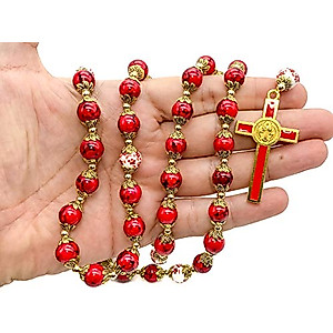 Nazareth Store Saint Benedict Red Rosary Beads Catholic Necklace Flowers Mystery Bead Miraculous Medal Locket Cross Prayer Rosarios Catolicos