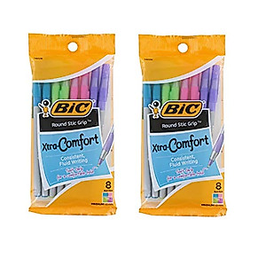 BIC Round Stic Grip Xtra Comfort Fashion Ballpoint Pens, Pack of 16 - Pastel Blue, Green, Pink, Purple, 1.0mm
