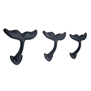 Wowser Navy Blue Whale Tail Cast Iron Wall Hooks, Wall Mounted Decoration, Beach Themed Wall Décor, Set of 3, 4.5 Inches High