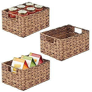 mDesign Woven Farmhouse Kitchen Pantry Food Storage Organizer Basket Bin Box - Container Organization for Cabinets, Cupboards, Shelves, Countertops - Store Potatoes, Onions, Fruit, 3 Pack, Brown Ombre