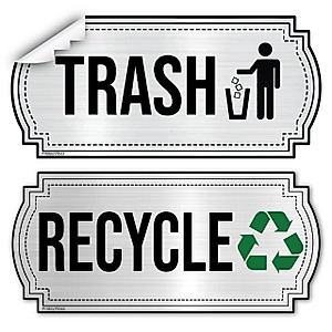 Recycle and Trash Stickers for Kitchen Trash Cans and Recycling Bins, Indoor Trash and Recycle Sticker Combo for Garbage Can Logo Symbol, 2 Silver Decals, 6.5" x 3" Elegant Style with Split-back