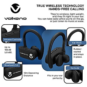 Volkano True Tunes Series Sports Wireless Earphones- Wireless Earphones with Microphone & Ear Hooks, True Bluetooth Sports Earbuds for Running, Sports, & Workout, Bluetooth Earphones (Black)