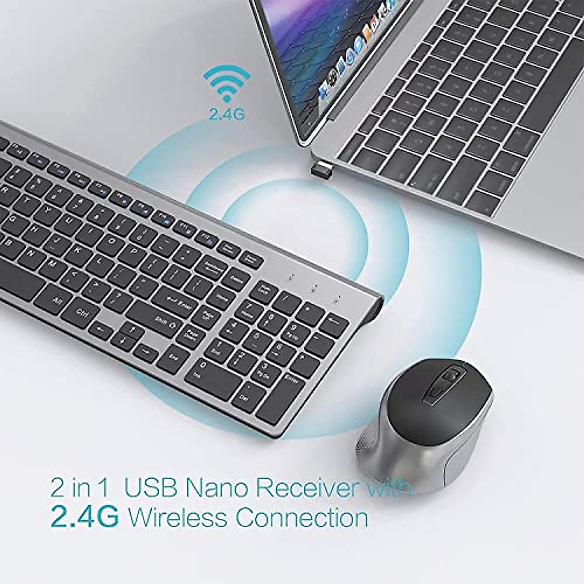 Wireless Keyboard Mouse Combo, J JOYACCESS Ergonomic and Cordless Keyboard and Mouse Set for PC,Windows, Computer, Laptop, Desktop, Chromebook,Mac-Grey