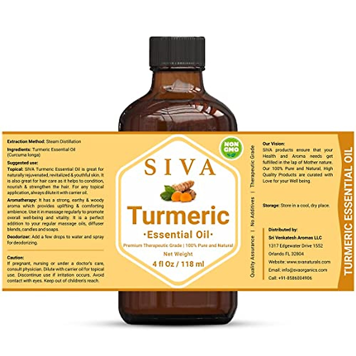 Siva Turmeric Essential Oil 4 Oz with Premium Glass Dropper – 100% Pure, Natural, Undiluted & Therapeutic Grade, Great for Nourished Skin & Hair, Diffuser, Aromatherapy, Massage, DIY Soap & Candle