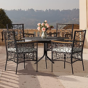 Tangkula Set of 2 Outdoor Dining Chairs, Patiojoy All-Weather PE Wicker Patio Bistro Chairs with Acacia Wood Armrests and Soft Cushions, Outdoor Armchairs for Porch, Garden, Poolside and Backyard
