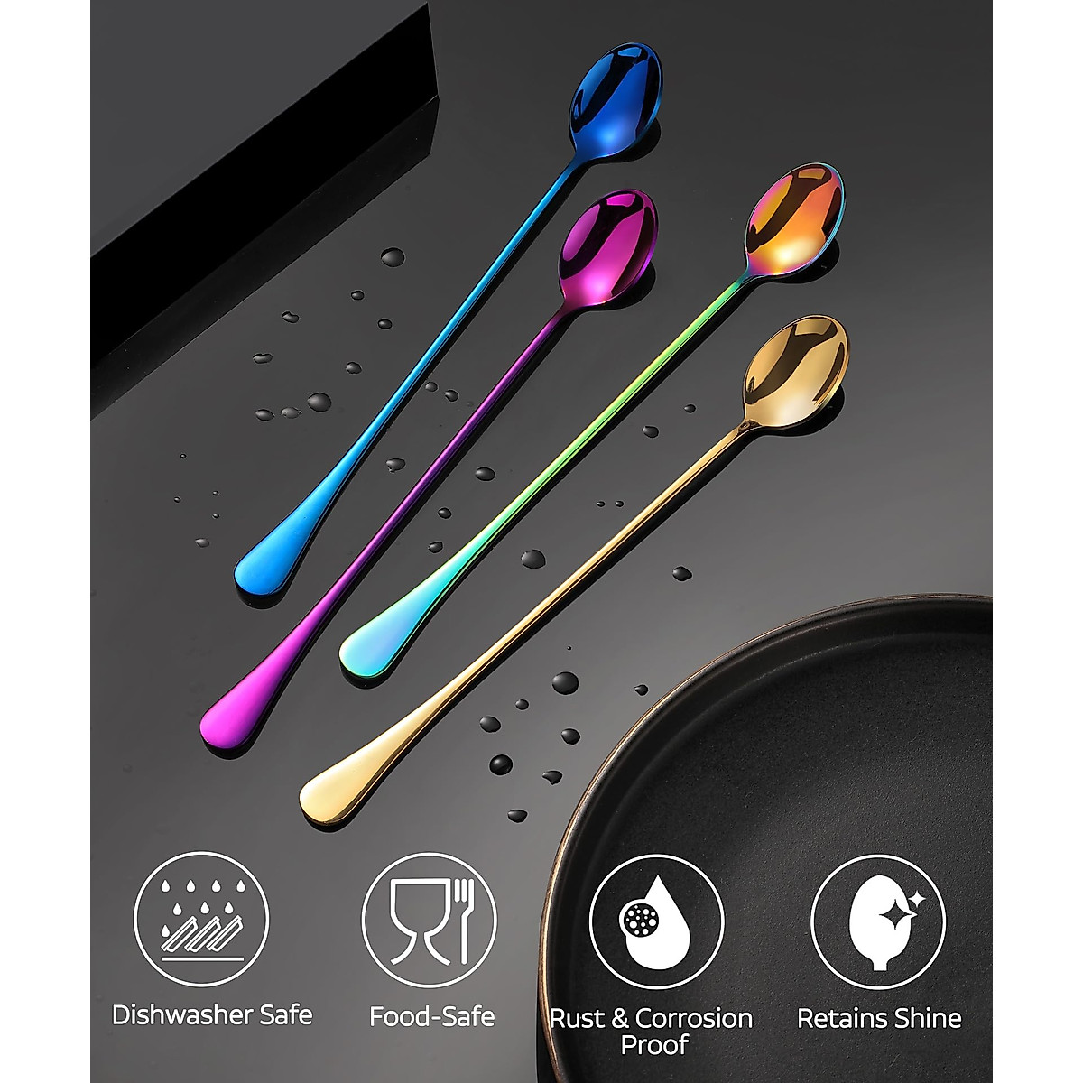 Lovingly Yours 9.5-Inch Long Handle Ice Tea Spoons, Ice Cream Spoons, Iced Teaspoons Long Coffee Spoons, Stainless Steel Stirring Spoons, Set of 4