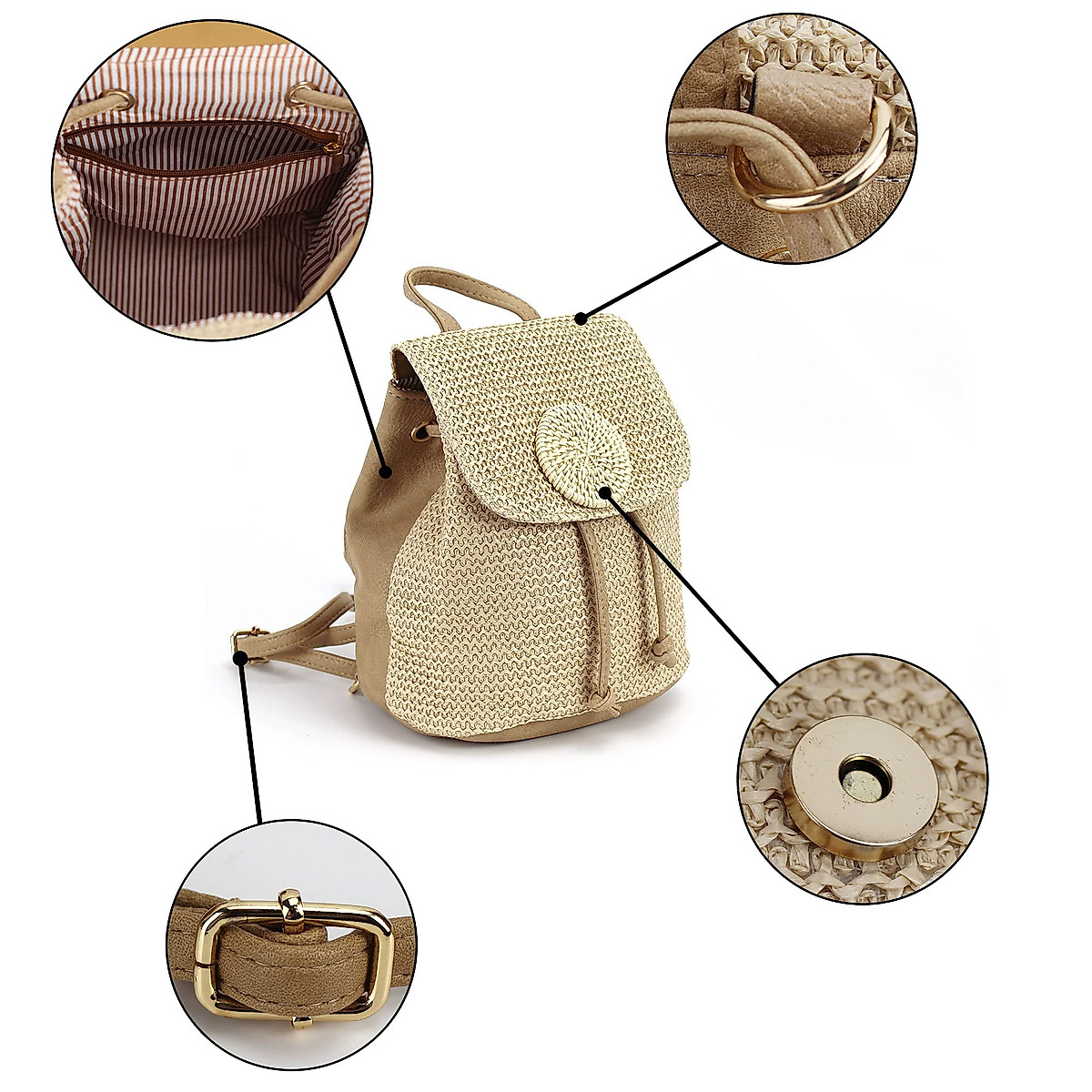 Felice Ann Women Small Straw Woven Backpack Daypack Cross-body Shoulder Bag