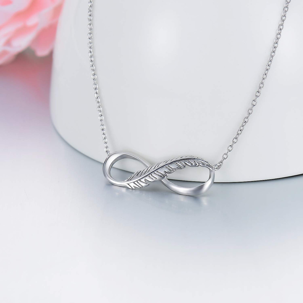 PDTJMTG Infinity Feather Necklace 925 Sterling Silver Necklace for Women, 18”+2”