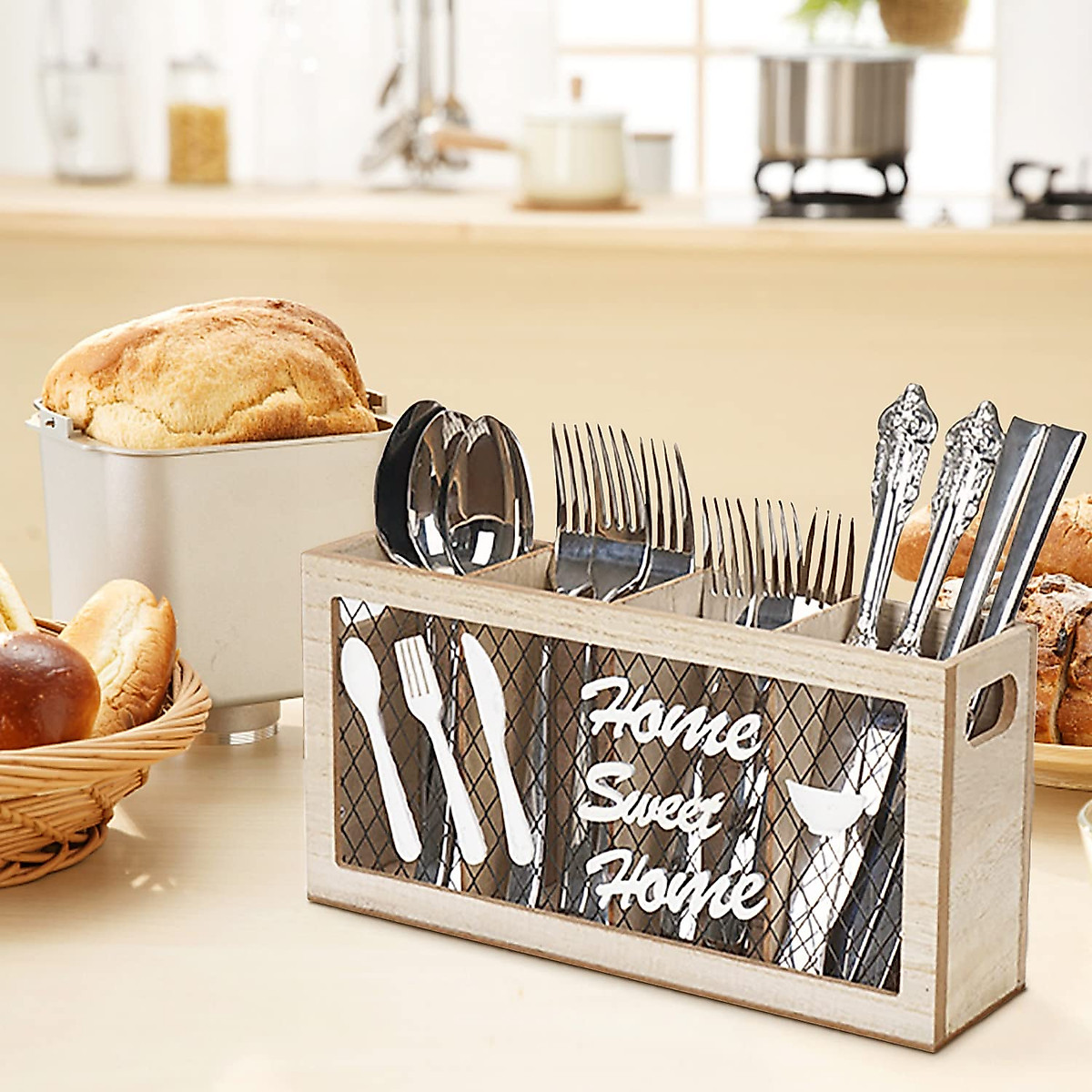 Wooden Silverware Holder , 4 Compartments Kitchen Utensil Holder for Countertop,Rustic Spoon Holder Kitchen Tools Storage Caddy Decoroon Holder Kitchen Tools Storage Caddy Decor,11.6”W x 3.2”D x 6”H