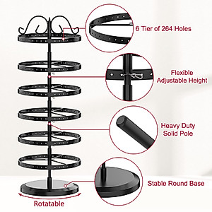iDavosic.ly 6 Tier Metal Rotating Earring Holder Organizer, 264 Holes Earring Storage Display Tower Rack, Adjustable Earring Tree Organizer for Women Girl (Black)