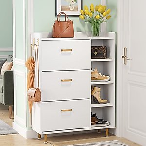 Tribesigns Shoe Cabinet, Flip Drawers Shoe Storage Cabinet for Entryway with 3 Flip Drawers and 5 Shelves, White Golden Freestanding Shoes Cabinet for Closet, Living Room, Bedroom (White/Golden)