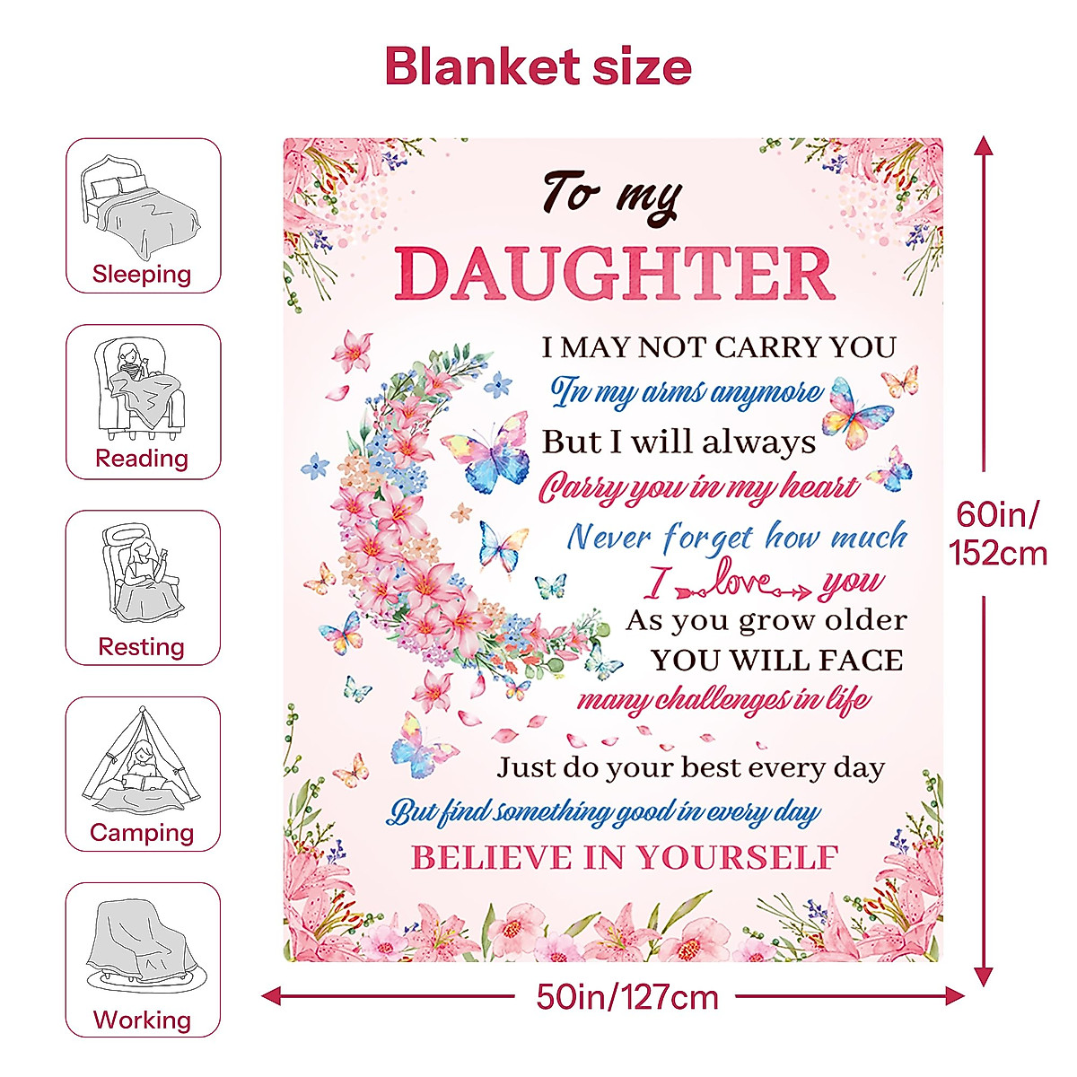 Daughter Blanket from Mom Dadto My Daughter Blankets, Birthday Gift for Girl Adult,Soft Fleece Throw Bedding for Bed Couch forGraduation,Christmas,Thanksgiving, 50x60,Moon and Butterfly