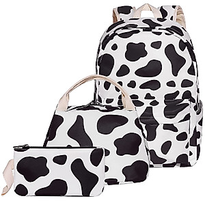 Cow Print School Backpack Set for Teen Girls Boys, Bookbags with Lunch Box Pencil Case