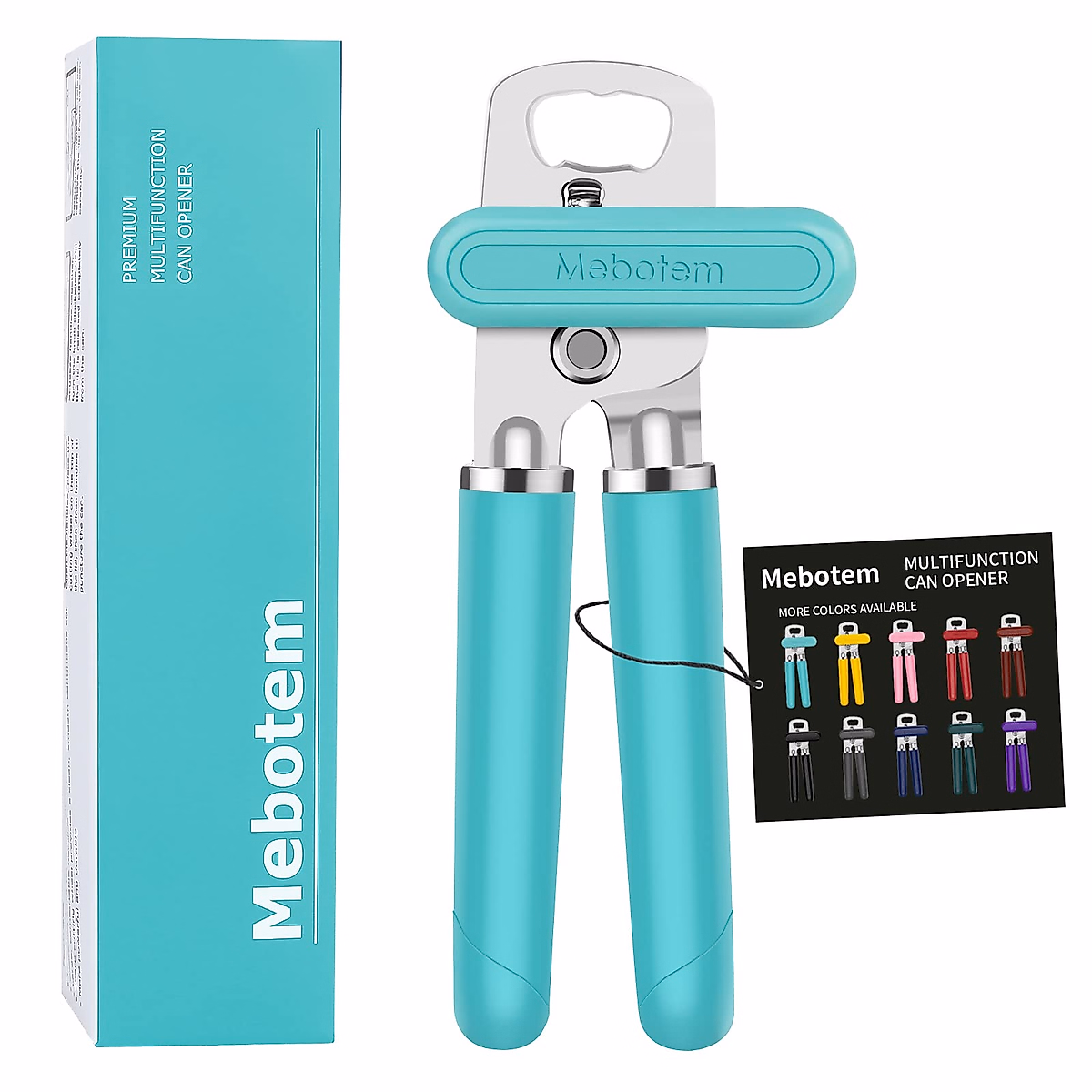 Mebotem 10 Colors Can Opener Manual Handheld Heavy Duty Hand Can Opener Smooth Edge Stainless Steel Can Openers Top Lid Kitchen Gadgets, Best Large Rated Easy Turn Knob, with Bottle Opener, Black