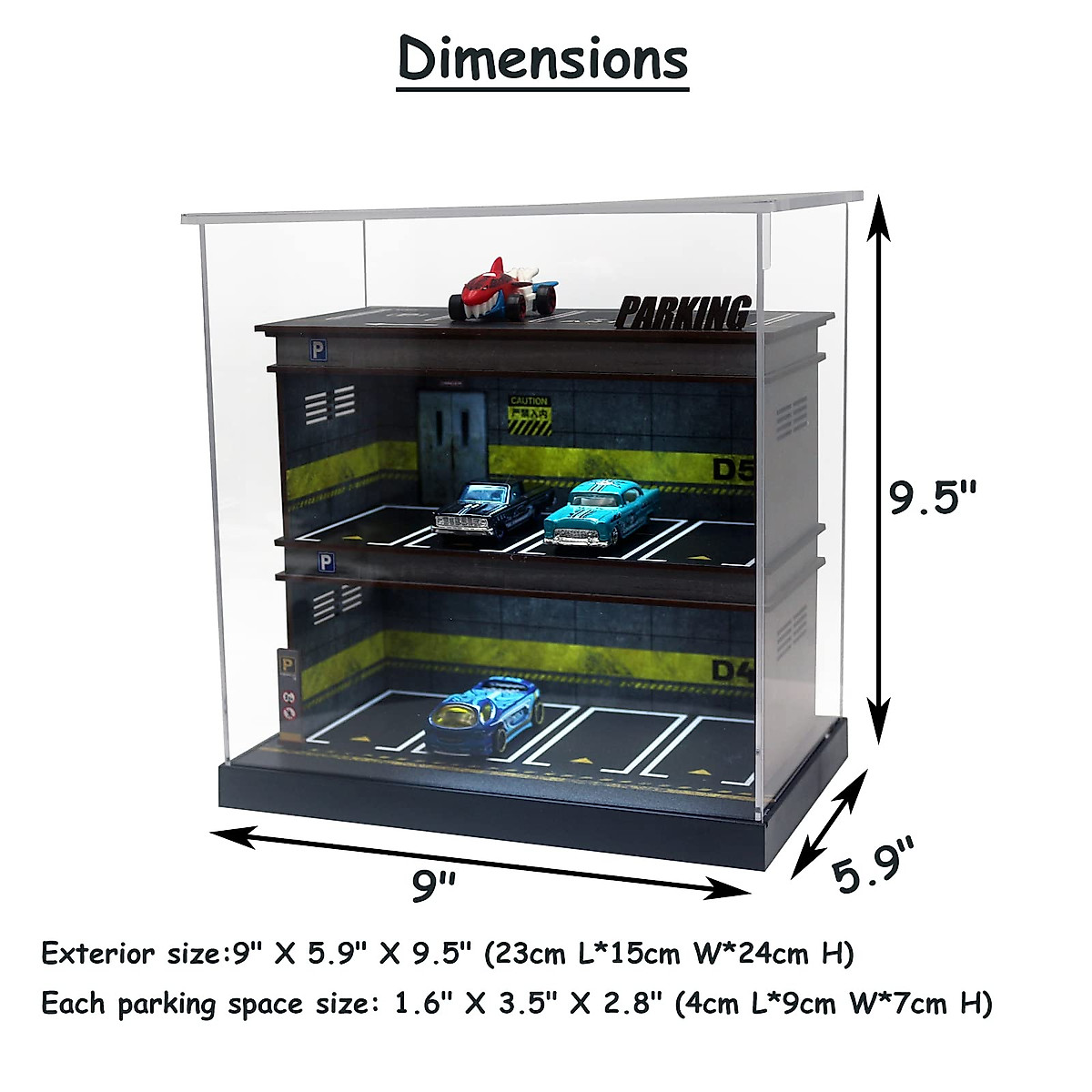 Hot Diecast Wheels Display Case - 1/64 Scale Die-cast Model Car Display Case with LED Light and Acrylic Cover, Wooden Parking Garage in 3 Floors with 10 Parking Spaces (D5)