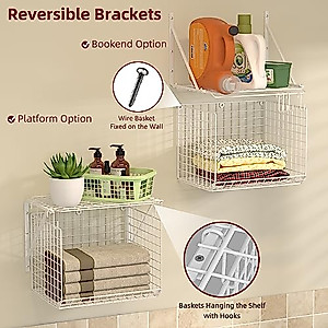 2 Pack Laundry Room Shelves Wall Mounted with Wire Baskets, Over the Washer and Dryer Shelf with Clothes Drying Rack, 8 Hooks，Wire Shelves Baskets for Laundry Closet Organization and Storage, White