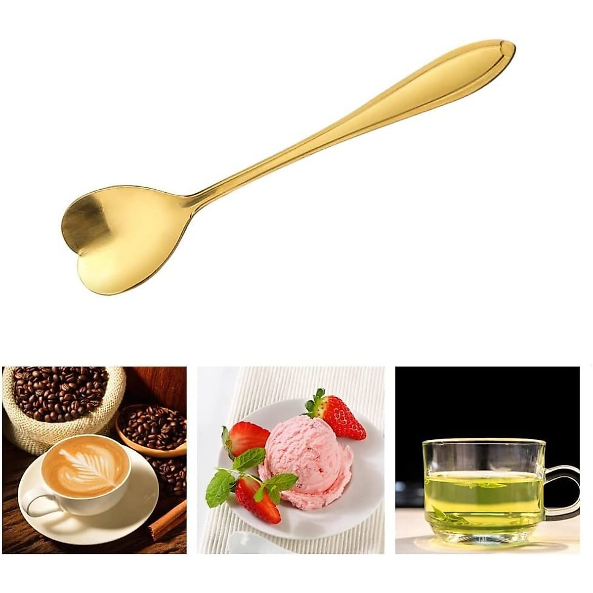 Set of 10 Heart-Shaped Gold Stainless Steel Spoons for Coffee, Desserts, and Tea - Ideal for Sugar, Stirring, Ice Cream, and Cake 5inch