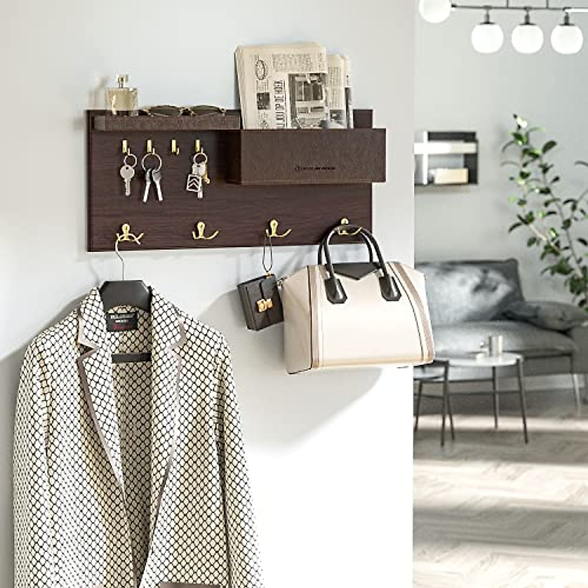 JackCubeDesign Entryway Coat Rack Wall Mount Key Holder Mail Envelope Hook Organizer Clothes Hat Hanger with Faux Brown Leather Shelf and Tray(Solid Wood, 20.5 x 9.1 x 3.4 inches) – :MK362B