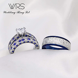 Two Rings His Hers Wedding Ring Sets Couples Matching Rings Women's 2pc White Gold Filled Heart CZ Wedding Engagement Ring Bridal Sets Men's Stainless Steel Wedding Band