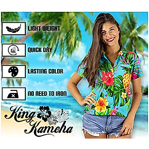 KING KAMEHA Women's Summer-Party-Blouses-Shirts Short-Sleeve, Pineapple, Turquoise, XS
