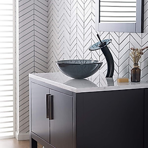 KRAUS Tall Waterfall Bathroom Faucet for Vessel Sink with Frosted Black Glass Disk and Pop-Up Drain, Oil Rubbed Bronze KGW-1700-PU-10ORB-BLFR