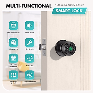 Fingerprint Door Lock，Fingerprint and Keypad Input Smart Door knob, App Controlled Biometric Door Lock, Keyless Entry, Bedroom, Office, Hotel, Apartment Auto Door knob(Matte Black)