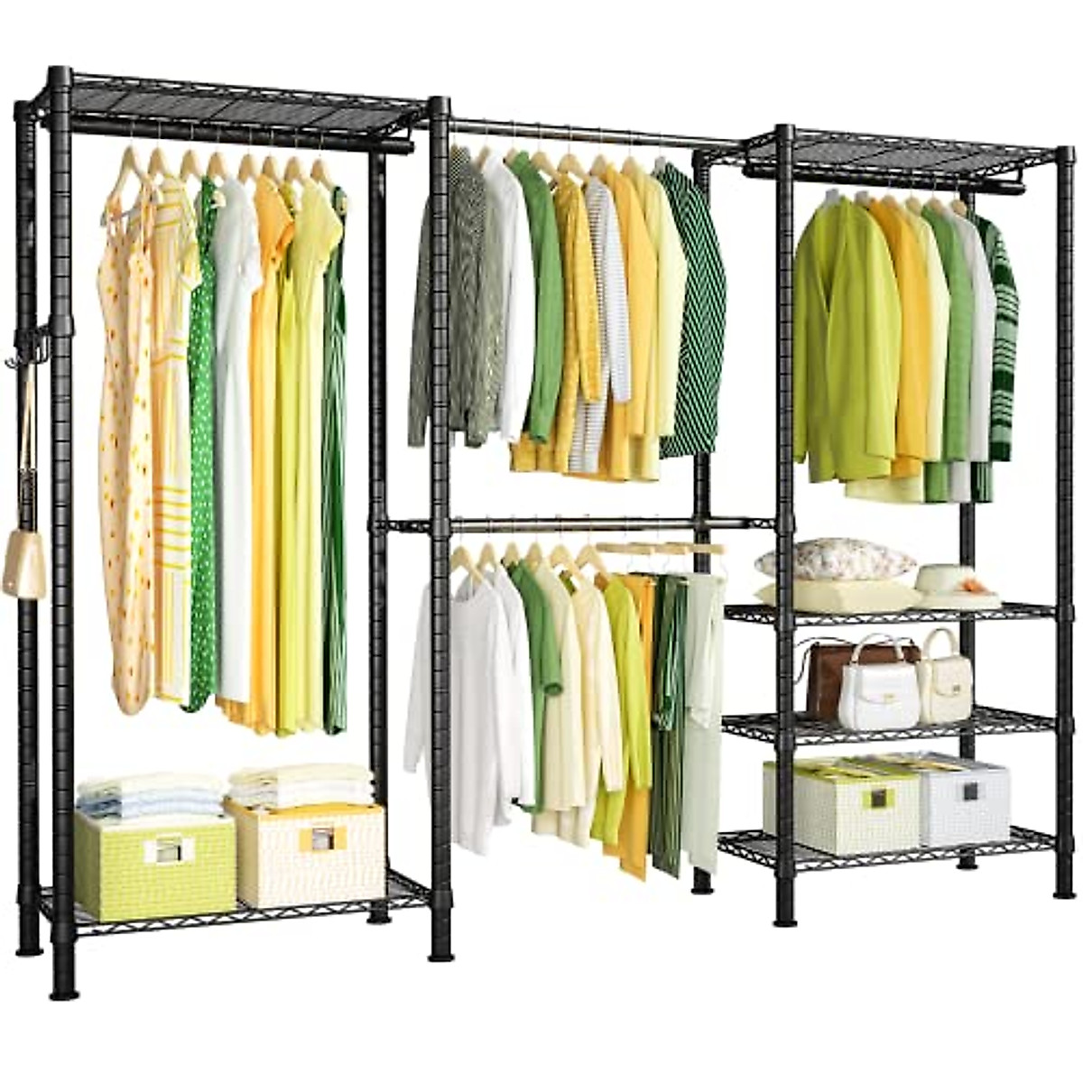 Ulif E1 Heavy Duty Closet Garment Rack, 6 Tiers Adjustable Metal Freestanding Expandable Clothing Storage with 4 Hanger Rods, Easy to Assemble Wardrobe, 70.8” H x (70.8” - 86.6”) L x 14” D, Black