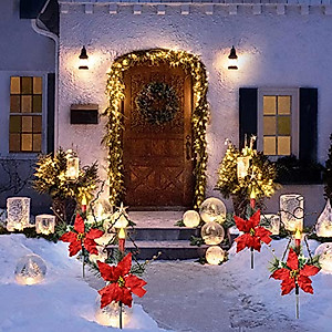 Artiflr 2 Pack Outdoor Christmas Solar Stake Lights, LED Solar Powered Candle Angel Christmas Tree Ligth with Artificial Poinsettia Gold Berry and Pine Needles Decorative Lawn Yard Garden Stake