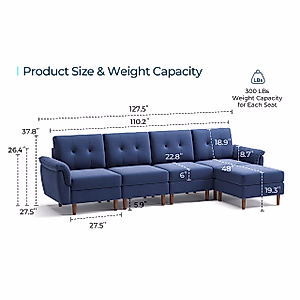 LINSY HOME Modular Sectional Sofa, Velvet Sectional Sofa Couch with Memory Foam, L Shape 5 Seat Modular Sectionals with Ottomans, Sleeper Sofa Couches with Chaise for Living Room, Blue