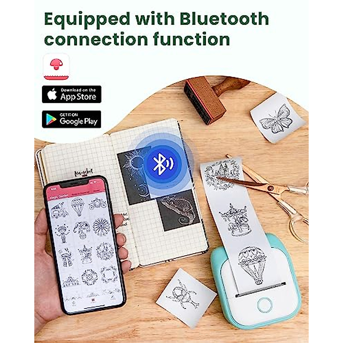 LabelCreate T02 Mini Sticker Thermal Printer, Portable Pocket Sticker Maker Machine, Mobile Phone Picture Printer Compatible with iOS & Android, for Pet Stickers, Kids Birthday, Children, Green